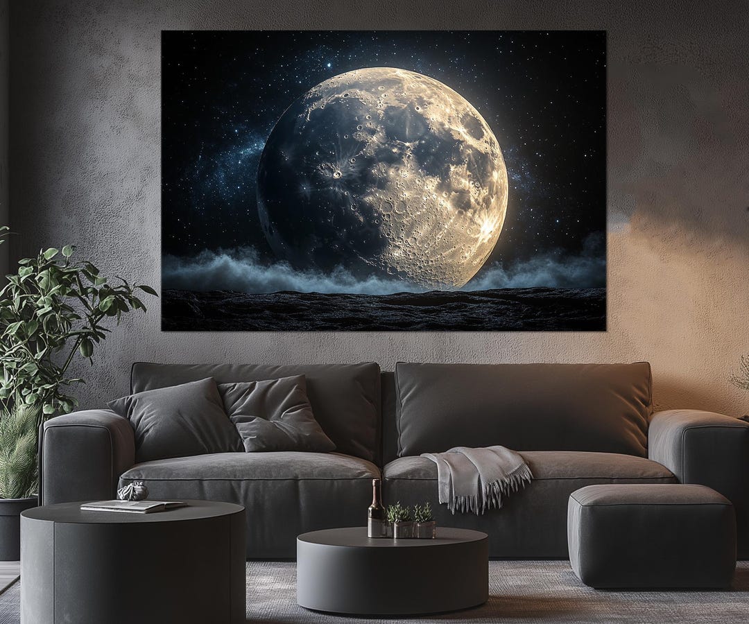 Abstract Huge Moon Over Ocean Canvas Print, Moon Painting, Moon Canvas ...