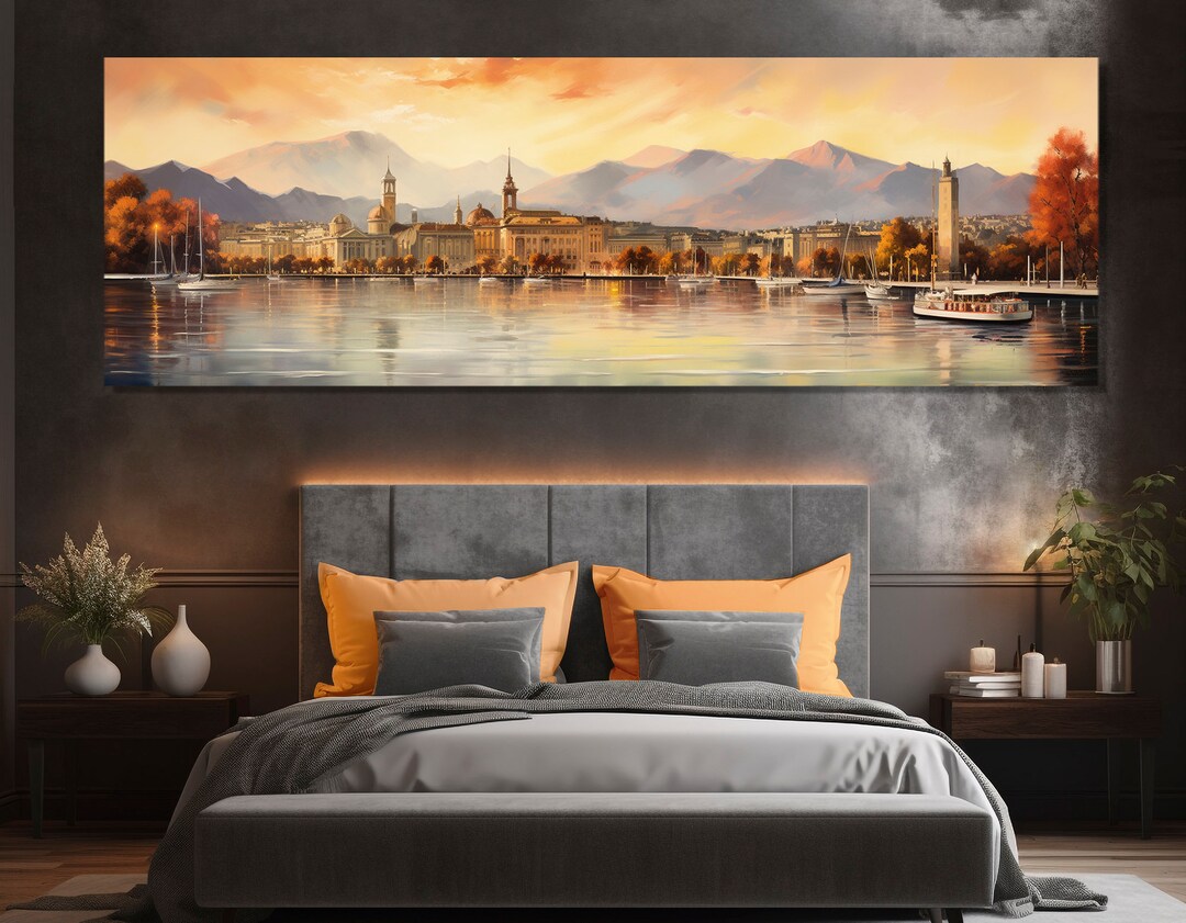 Vintage Geneva Skyline Painting, Geneva Canvas Print, Large Geneva Wall ...