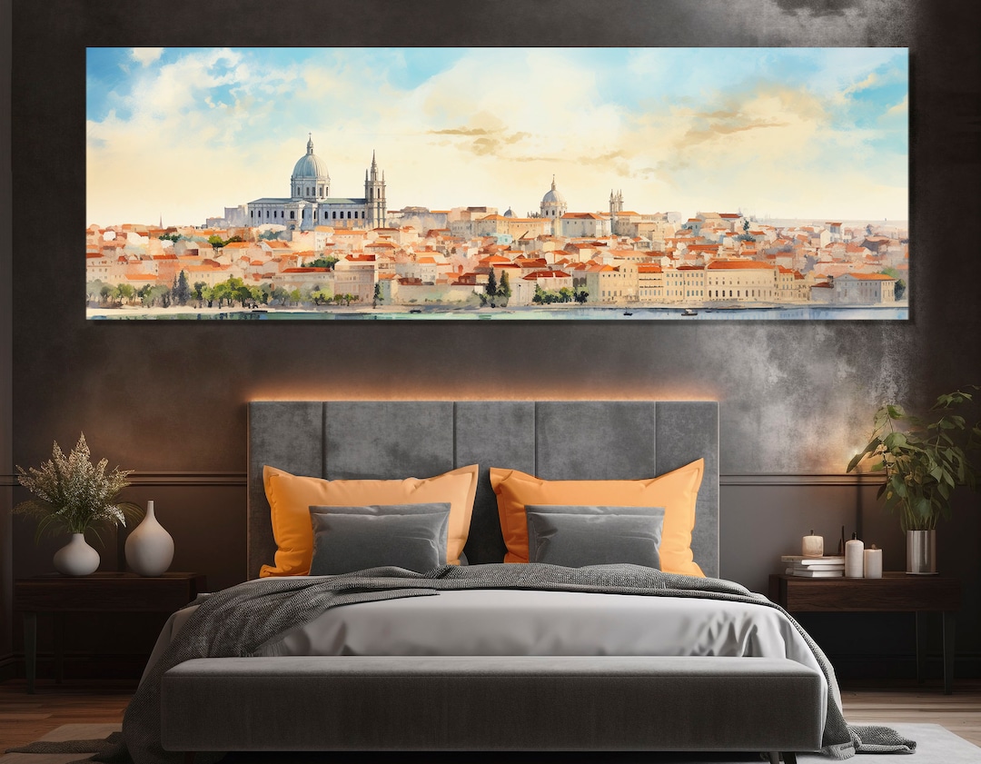 Vintage Lisbon Wall Art, Large Lisbon Skyline Painting, Lisbon Canvas ...