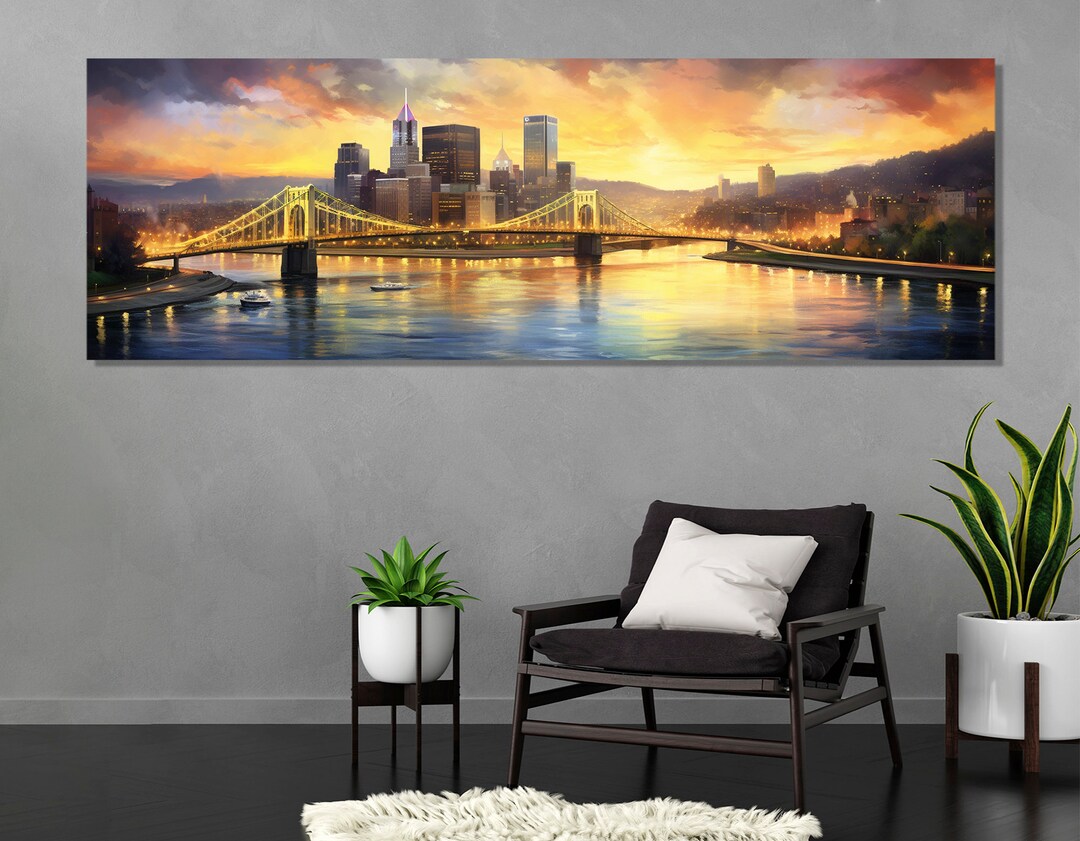 Large Pittsburgh Sunset Painting, Vintage Pittsburgh Canvas Print ...