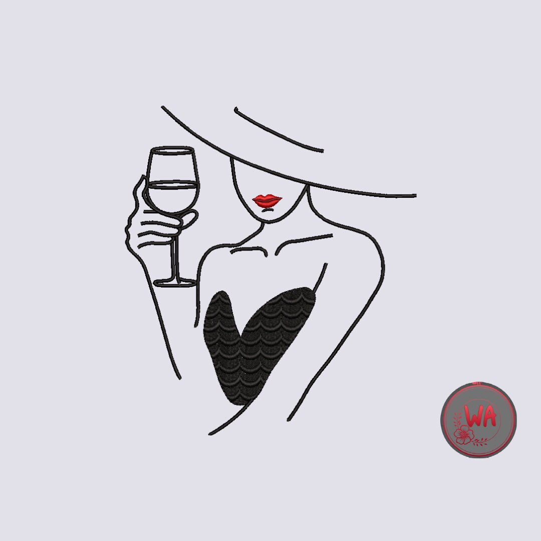 Woman Line Art Machine Embroidery Designs, Woman With Wine Digital ...