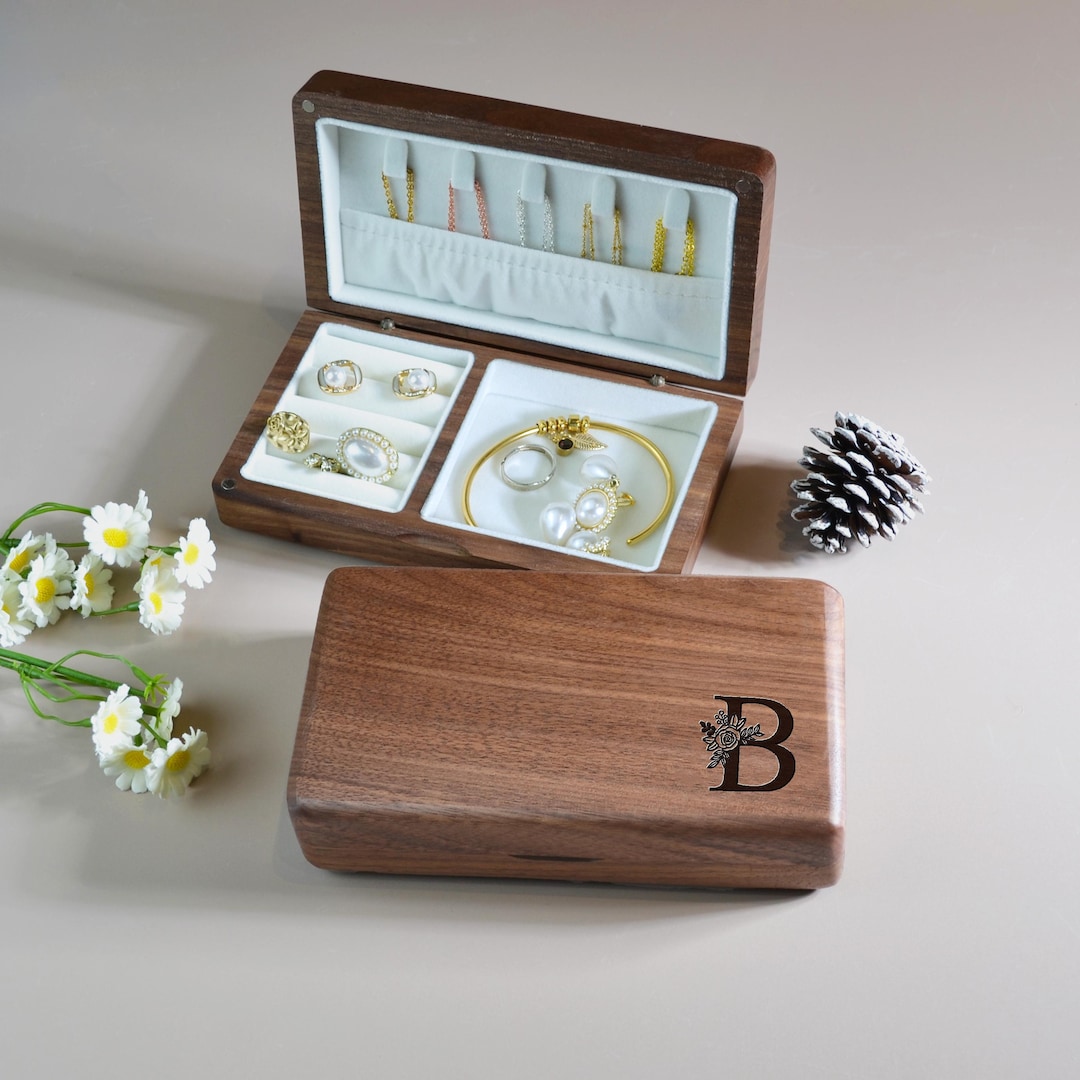 Custom Floral Alphabet Jewelry Box, Natural Walnut Wood Jewelry Box ...