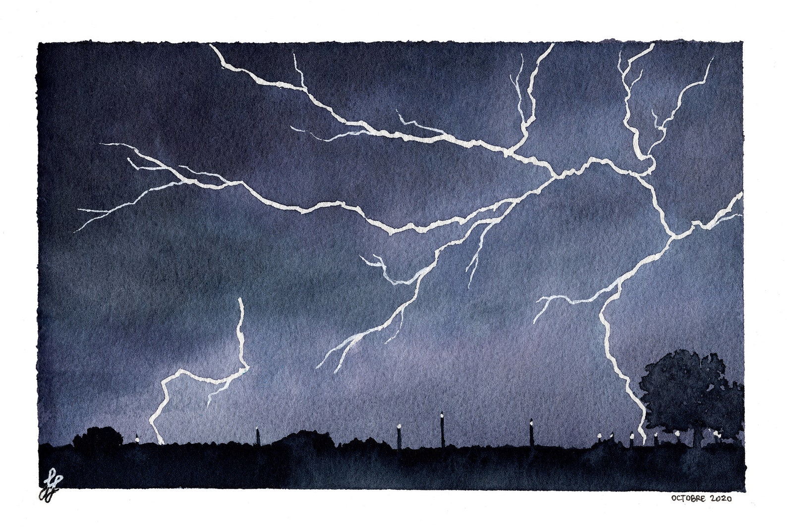 Lightning Original Watercolor Painting | Etsy