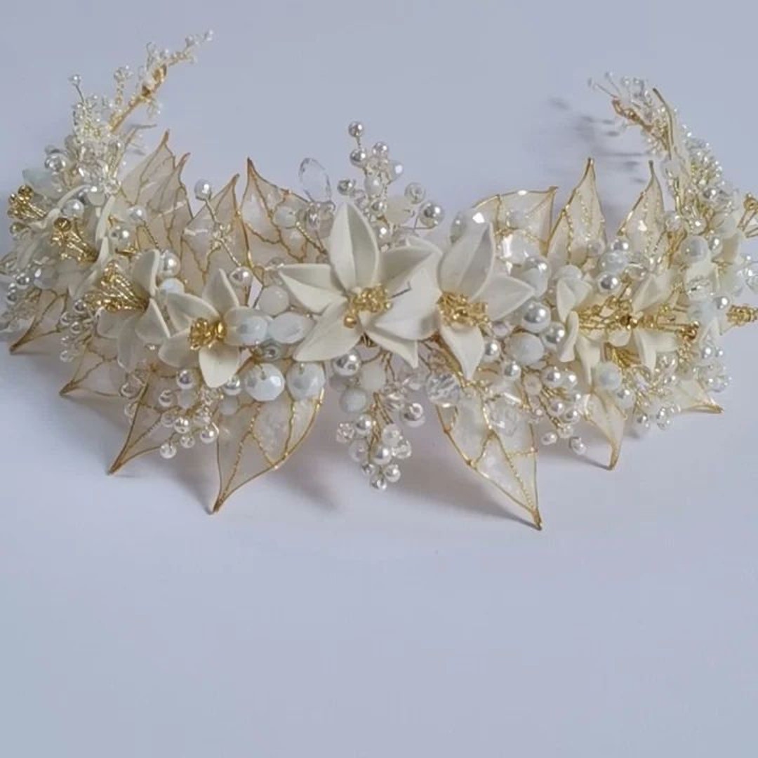 Gold Porcelain Flowers and Golf Leaf Bridal Headpiece,gold Bridal Crown ...
