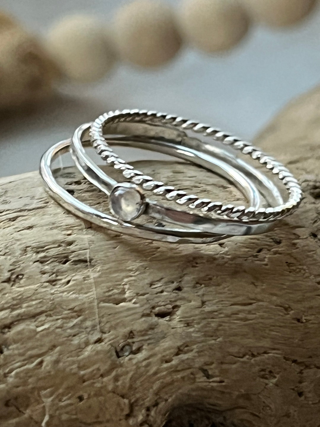 Sterling Silver Moonstone Ring Stack, Twisted Band, Hammered Ring - Etsy
