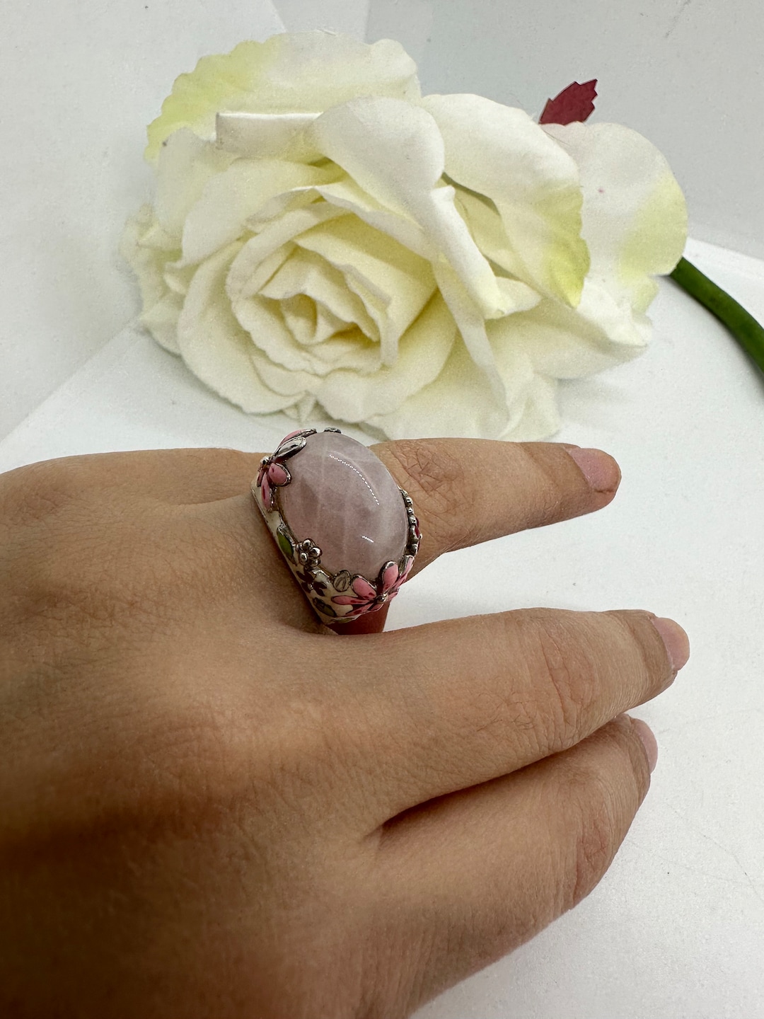 David Sigal Ring Silver 925 Enamel Pink Colorful Flowers Rose Quartz 17 ...