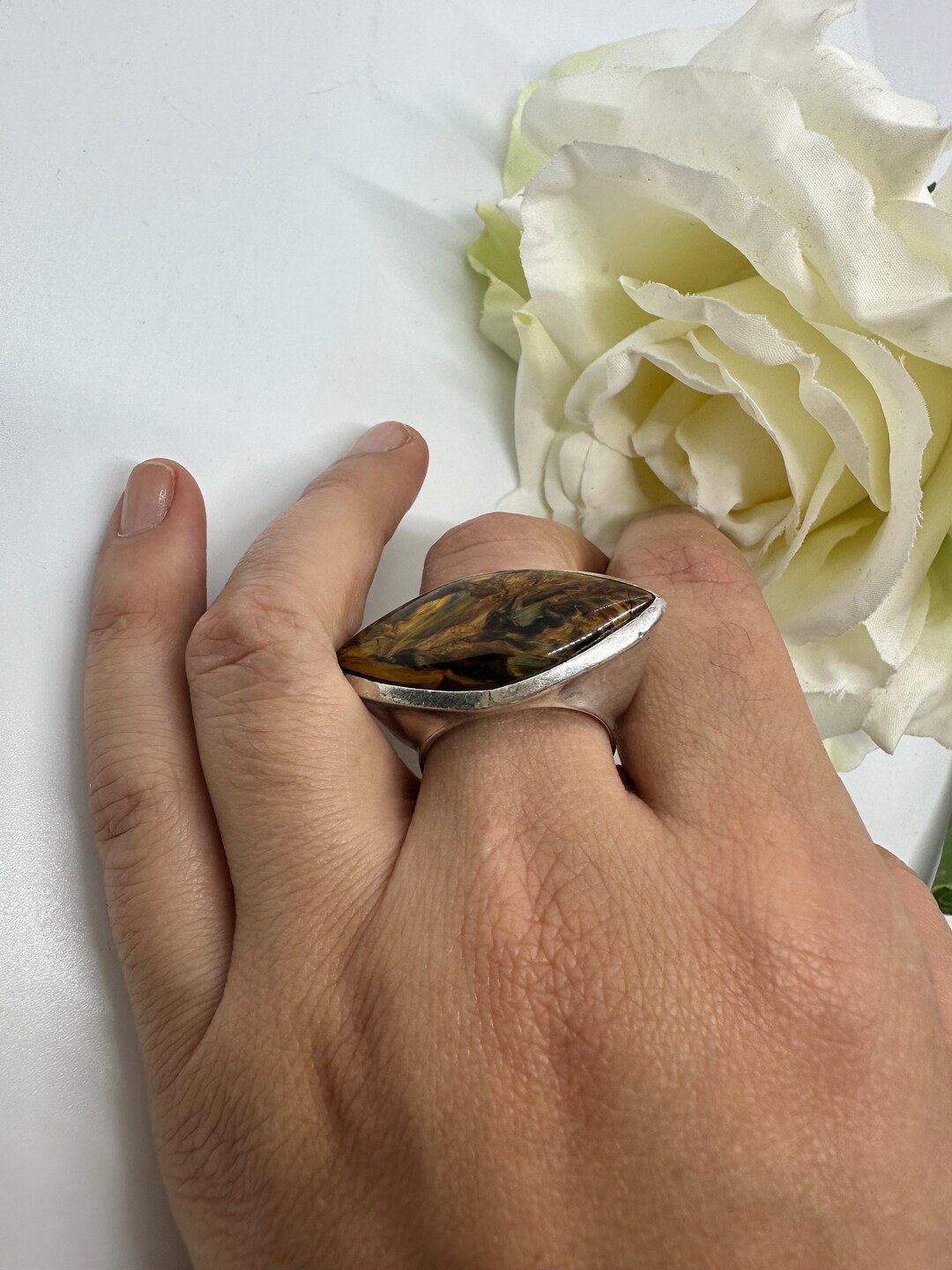 Real Silver Ring 925 Pietersite Brown Semi-precious Stone Sides Boho ...