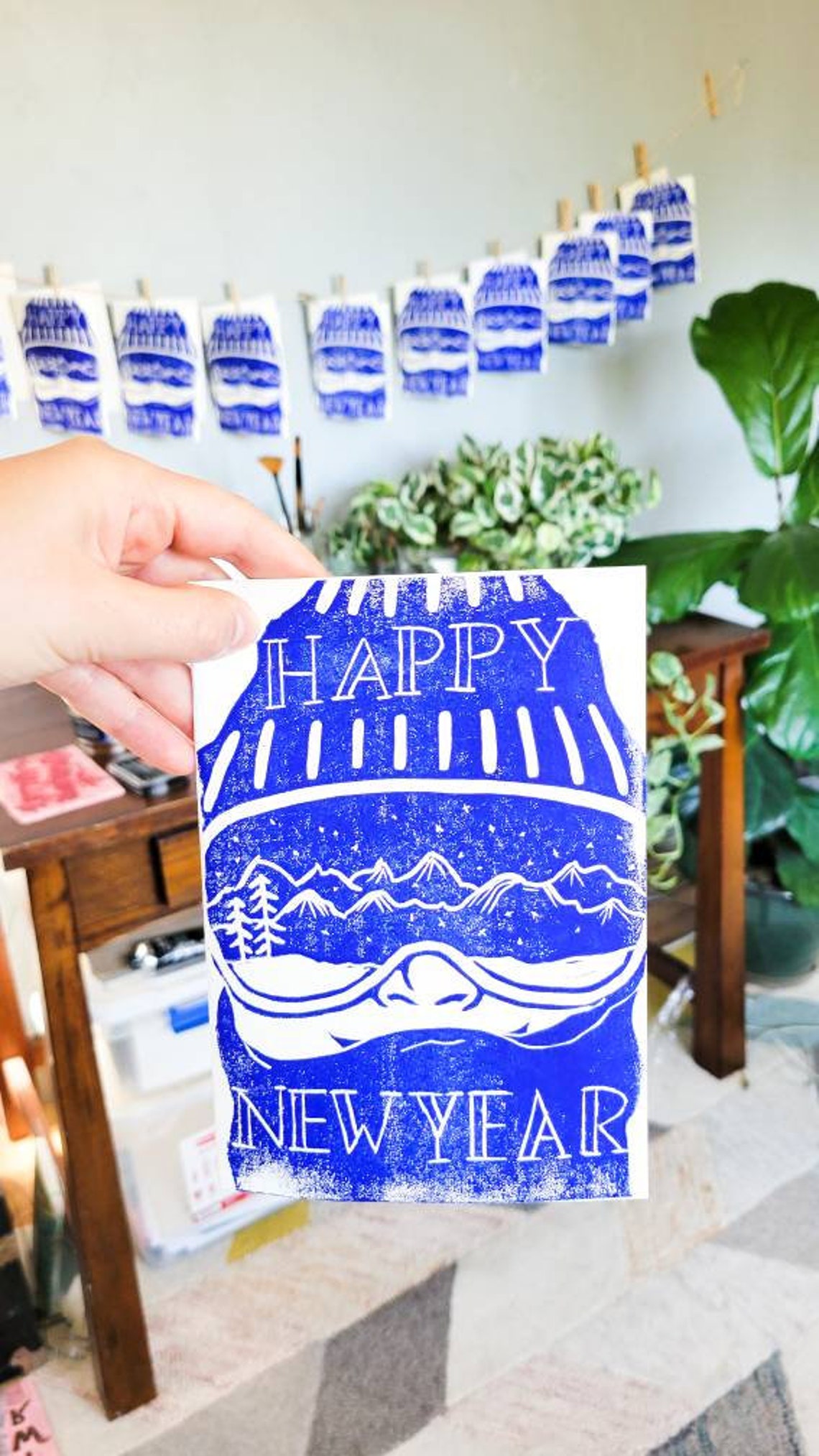 Happy New Year Handmade Lino Print 5x7 Inch Card and Envelope - Etsy