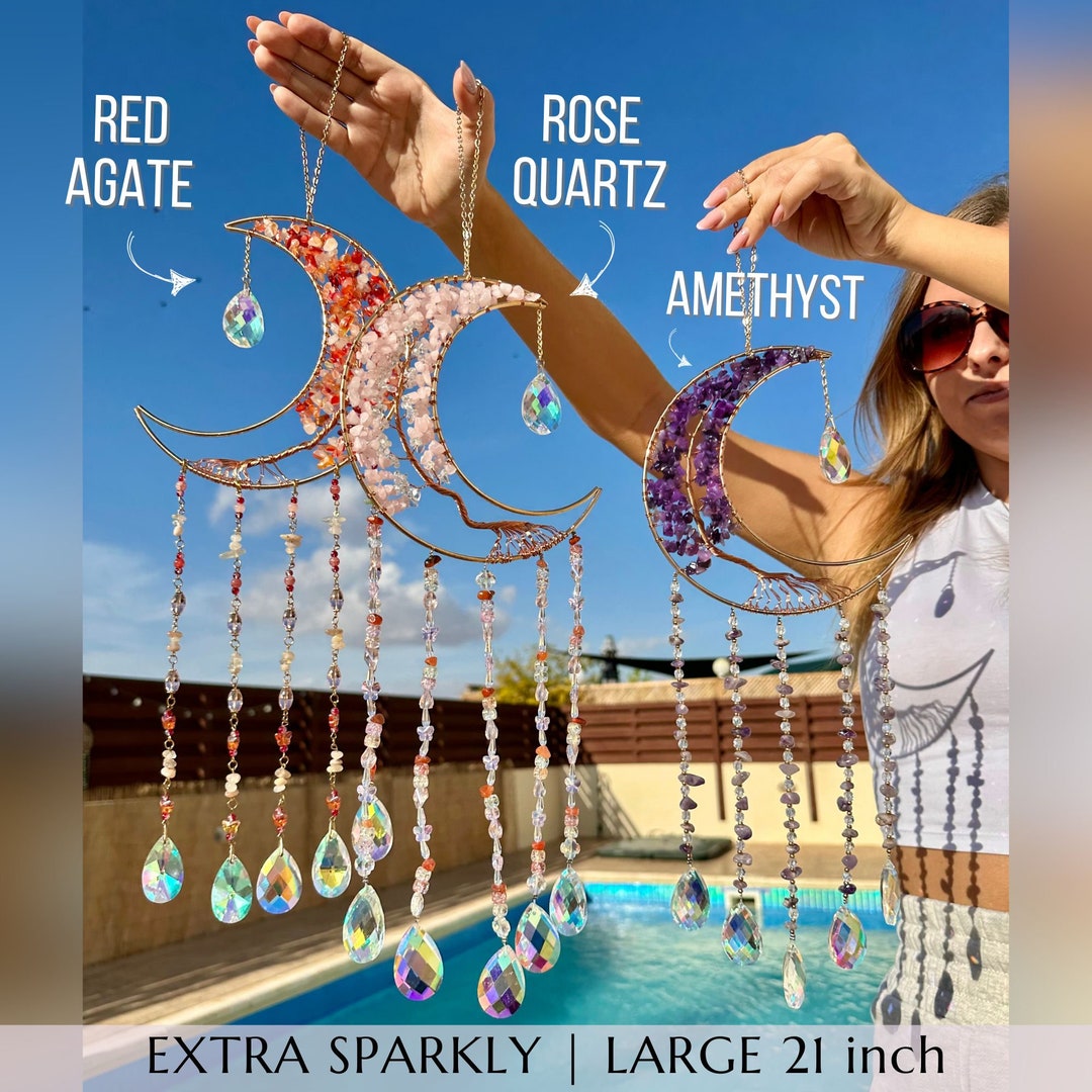 Crystal Suncatchers, Natural Rose Quartz Amethyst Red Agate Gemstone ...