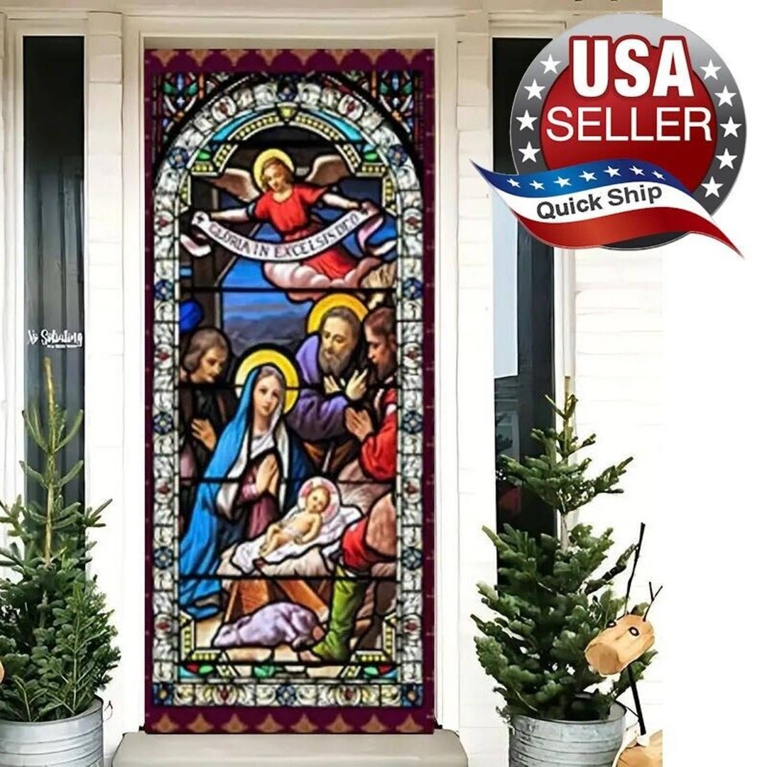 Hanging Nativity Scene Sign Banner Faux Stained Glass jesus Mary Joseph ...