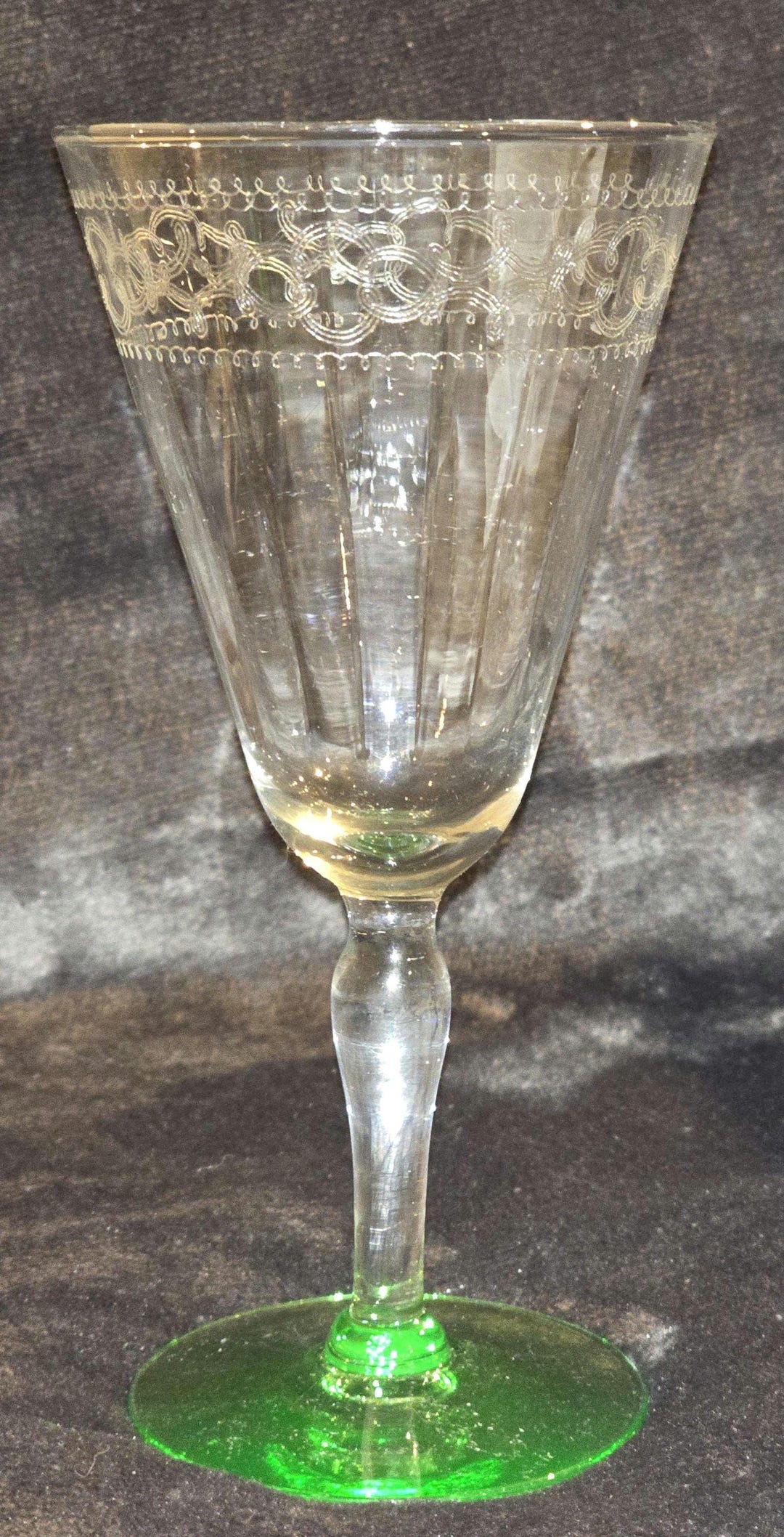 Depression Glass Needle Etched Clear Goblet With Green Uranium Glass ...
