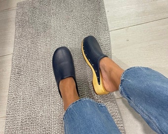 Leather Clogs Navy Blue - Etsy