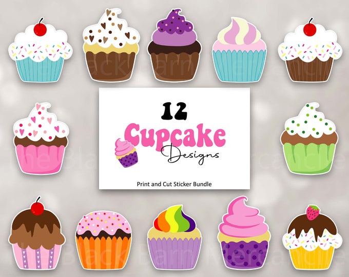 12 Cupcake Printable Sticker Bundle, Birthday Cupcake Clipart, Party ...