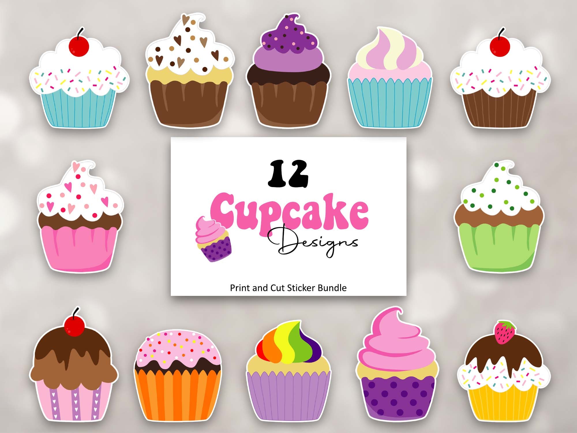 12 Cupcake Printable Sticker Bundle Birthday Cupcake Clipart - Etsy