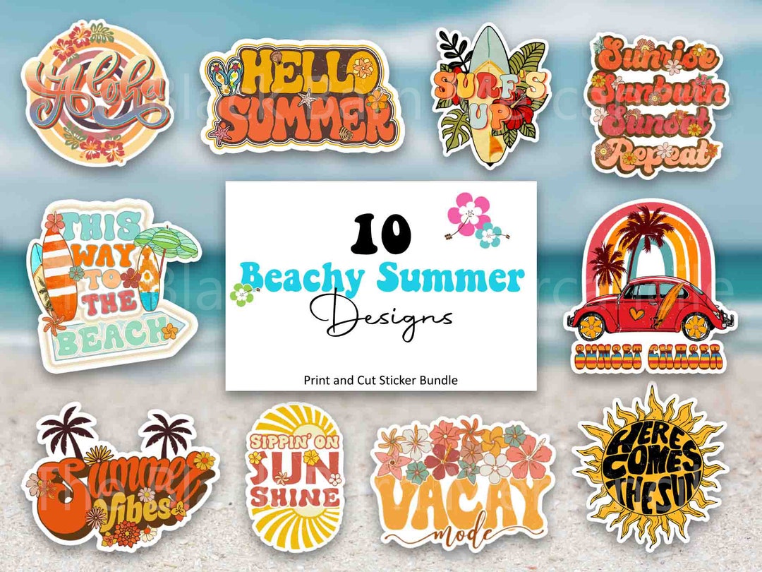 Summer Printable Sticker Bundle, Beach Stickers, Retro Sticker Bundle ...
