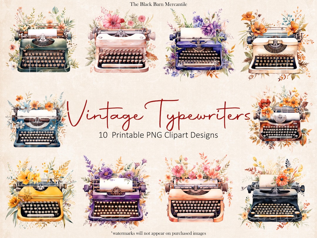 Vintage Floral Typewriters Clipart Bundle, Printable Wall Art, Vintage ...