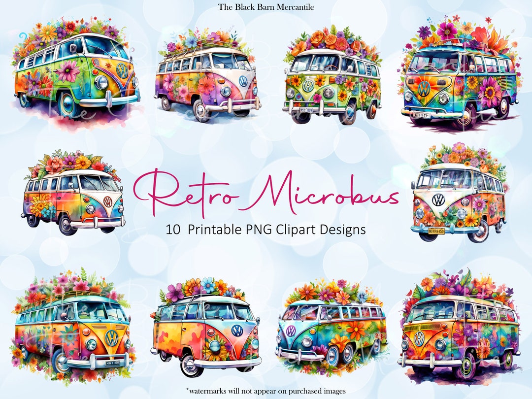 Watercolor Retro Microbus Clipart Bundle, Printable Wall Art, Floral ...