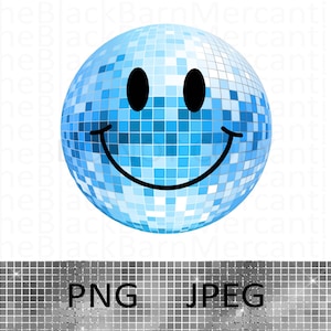 Blue Smiley Face Disco Ball Clipart: 70s Sublimation Design (digital ...