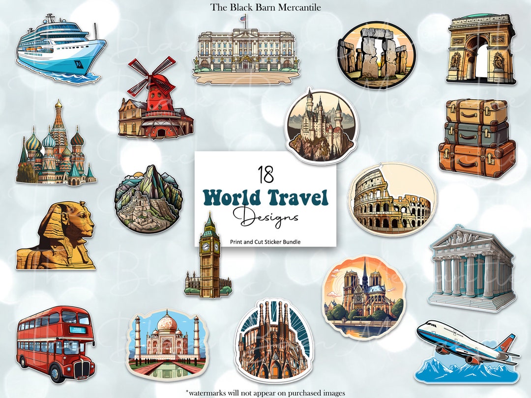 Around the World Travel Printable Sticker Bundle, Scrapbook Stickers ...