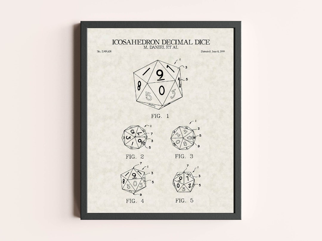 20 Sided Icosahedron Decimal Dice Patent Print | Role Playing Game ...