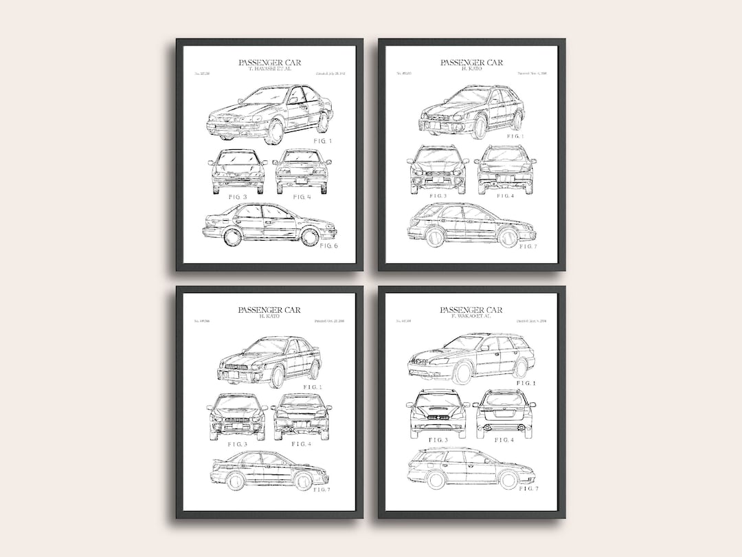 Subaru Automobile Car Set of 4 Patent Print | Vintage Automobile Wall ...
