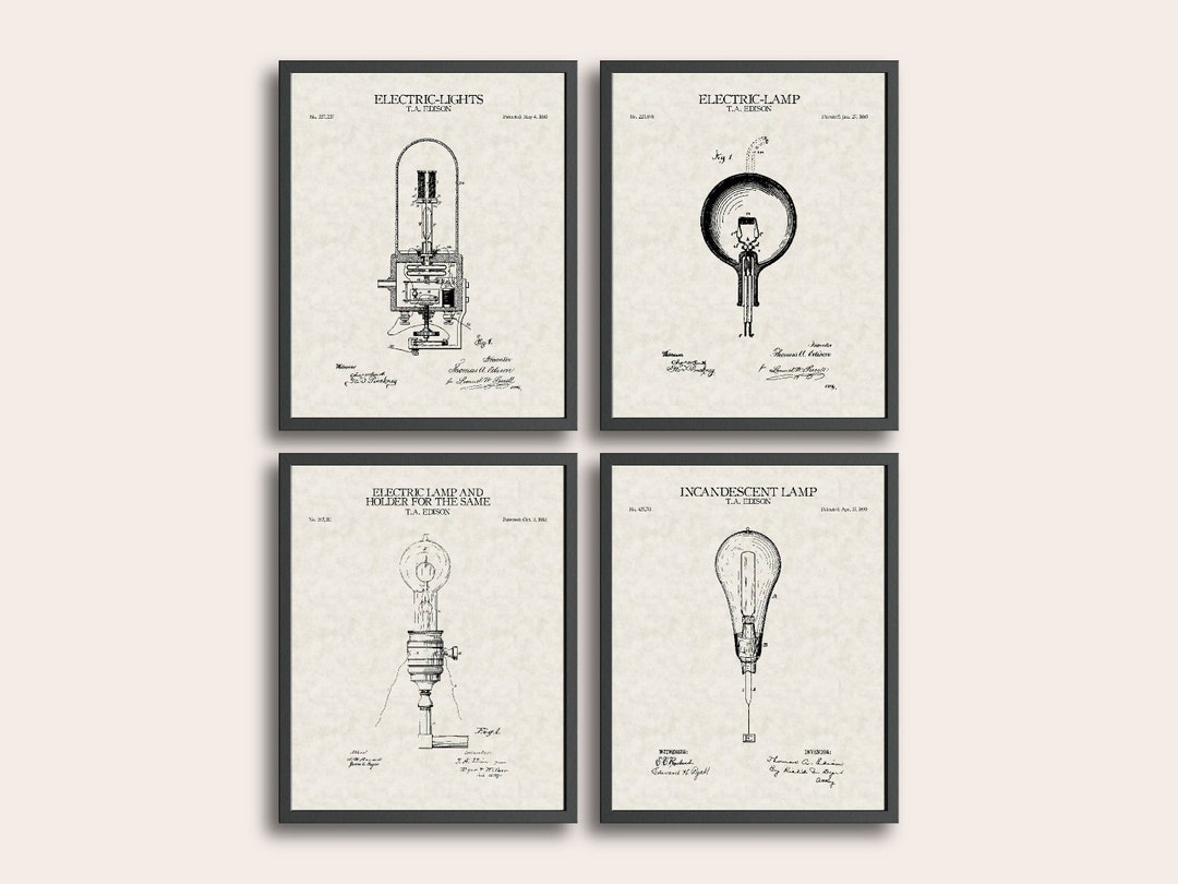 Thomas Edison Light Bulbs Set of 4 Patent Print | Home Office Print ...