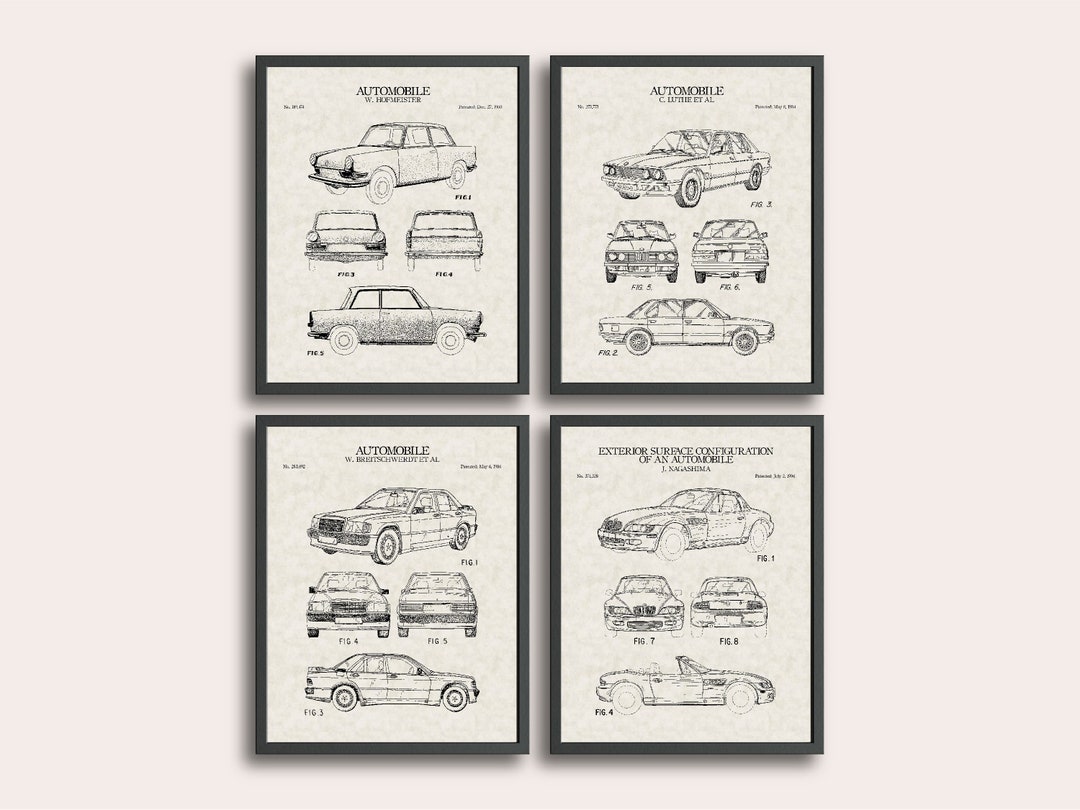 BMW Set of 4 Patent Prints | Vintage Automobile Wall Art | Car Patent ...