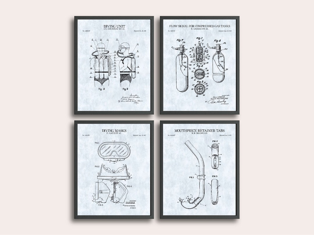 Scuba Diving Set of 4 Patent Print | Scuba Print | Diving Print ...