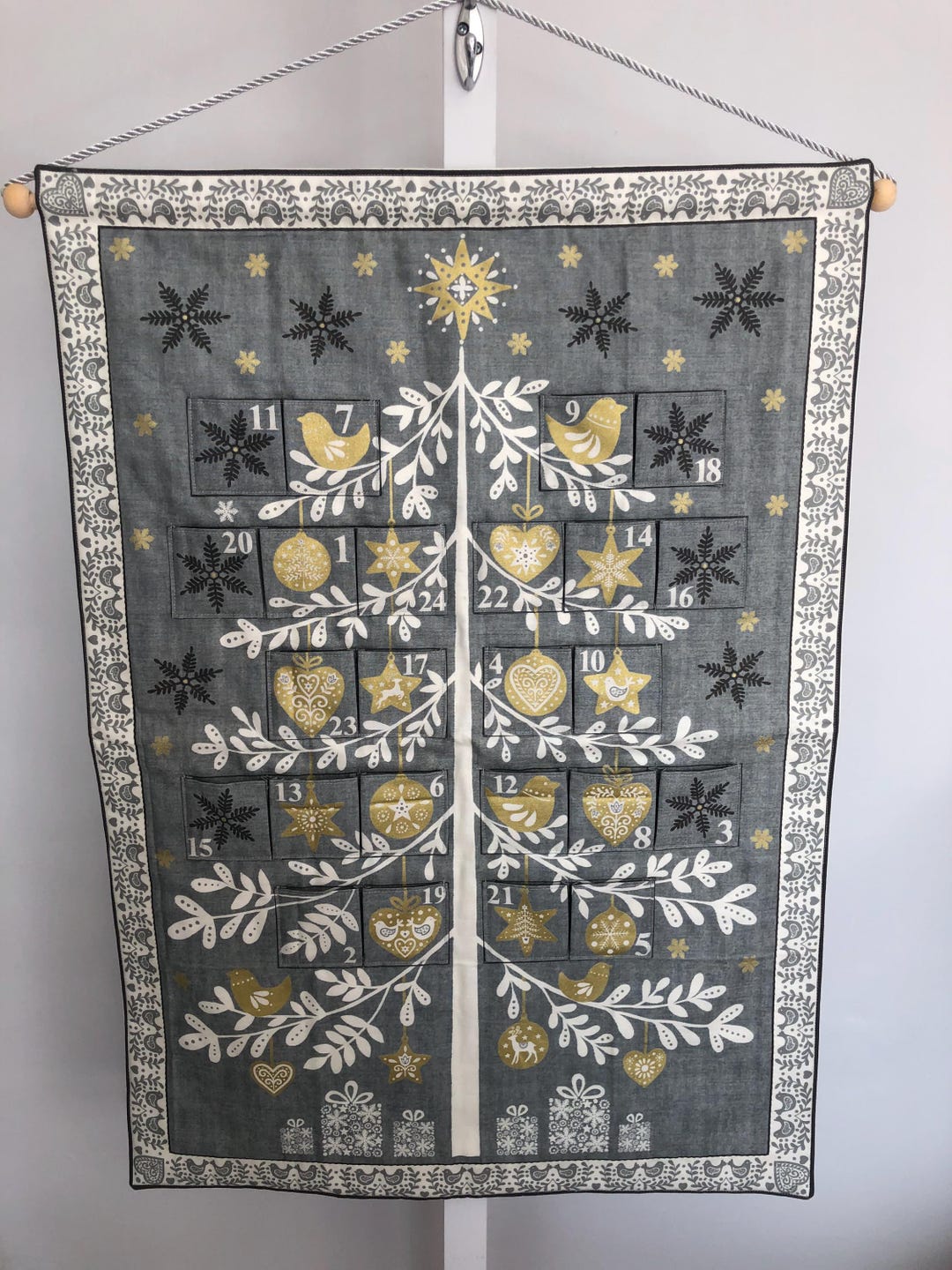 Scandi Advent Calendar: Grey & Gold Fabric Tree, Reusable Christmas ...