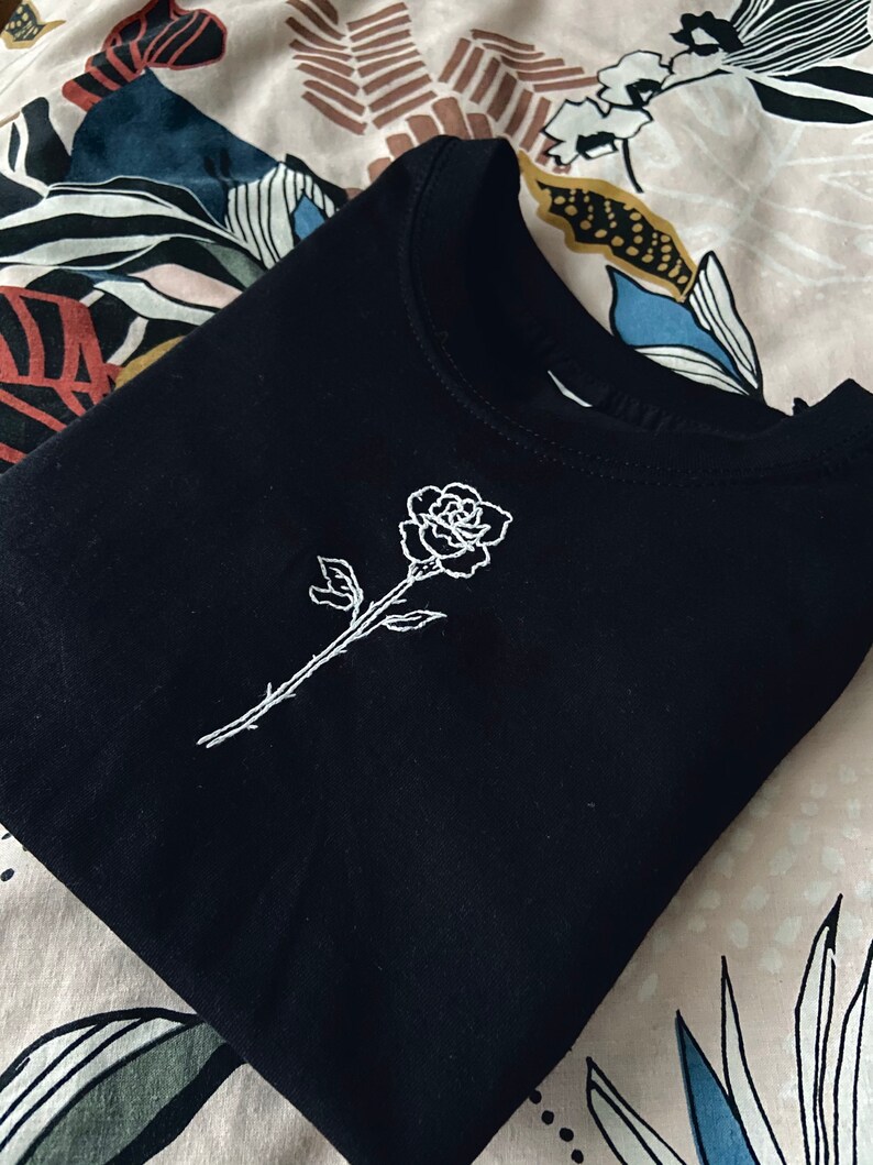 Hand Embroidered Oversized T-shirt Rose Design Linework Black - Etsy
