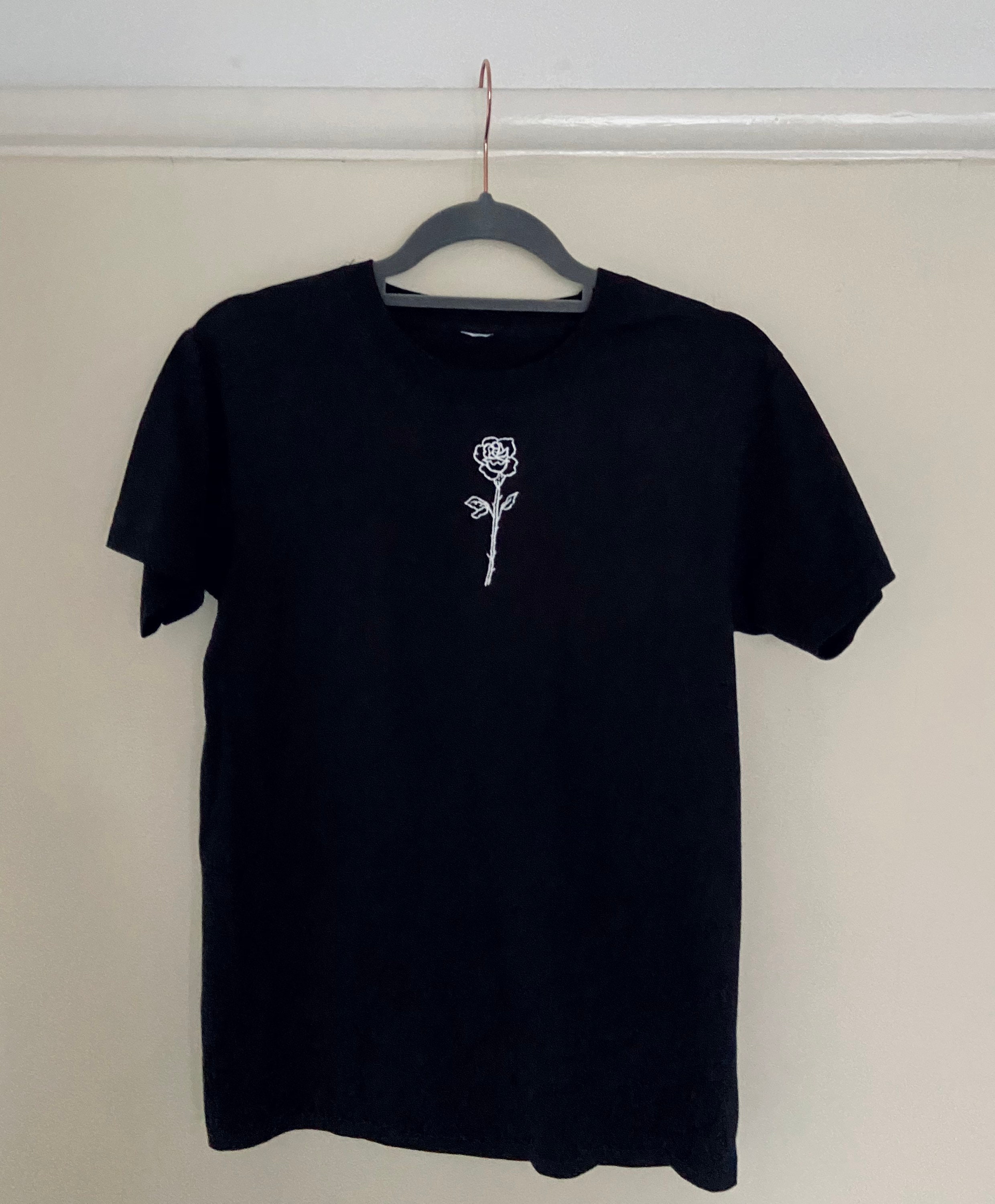 Hand Embroidered Oversized T-shirt Rose Design Linework Black - Etsy