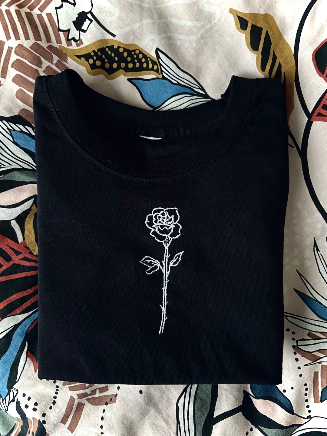 Hand Embroidered Oversized T-shirt Rose Design Linework Black - Etsy