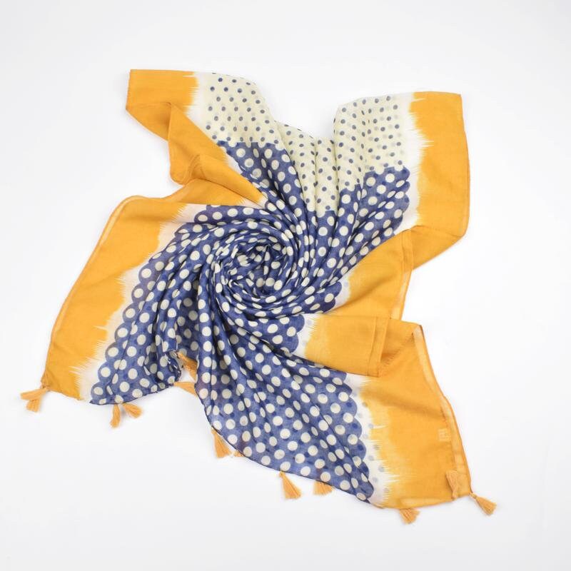 Blue and Yellow Polka Dot Scarf With Tassels - Etsy