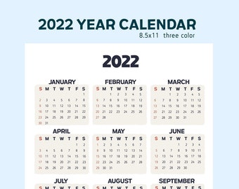 2022 Yearly Printable Calendar. Vertical Yearly Calendar 2022. | Etsy