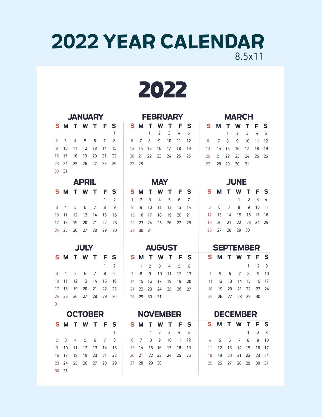 Calendario imprimible anual 2022. Calendario Anual Vertical - Etsy España