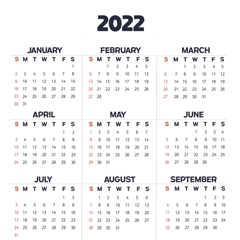 2022 Yearly Printable Calendar. Vertical Yearly Calendar 2022. 8.5x11 ...