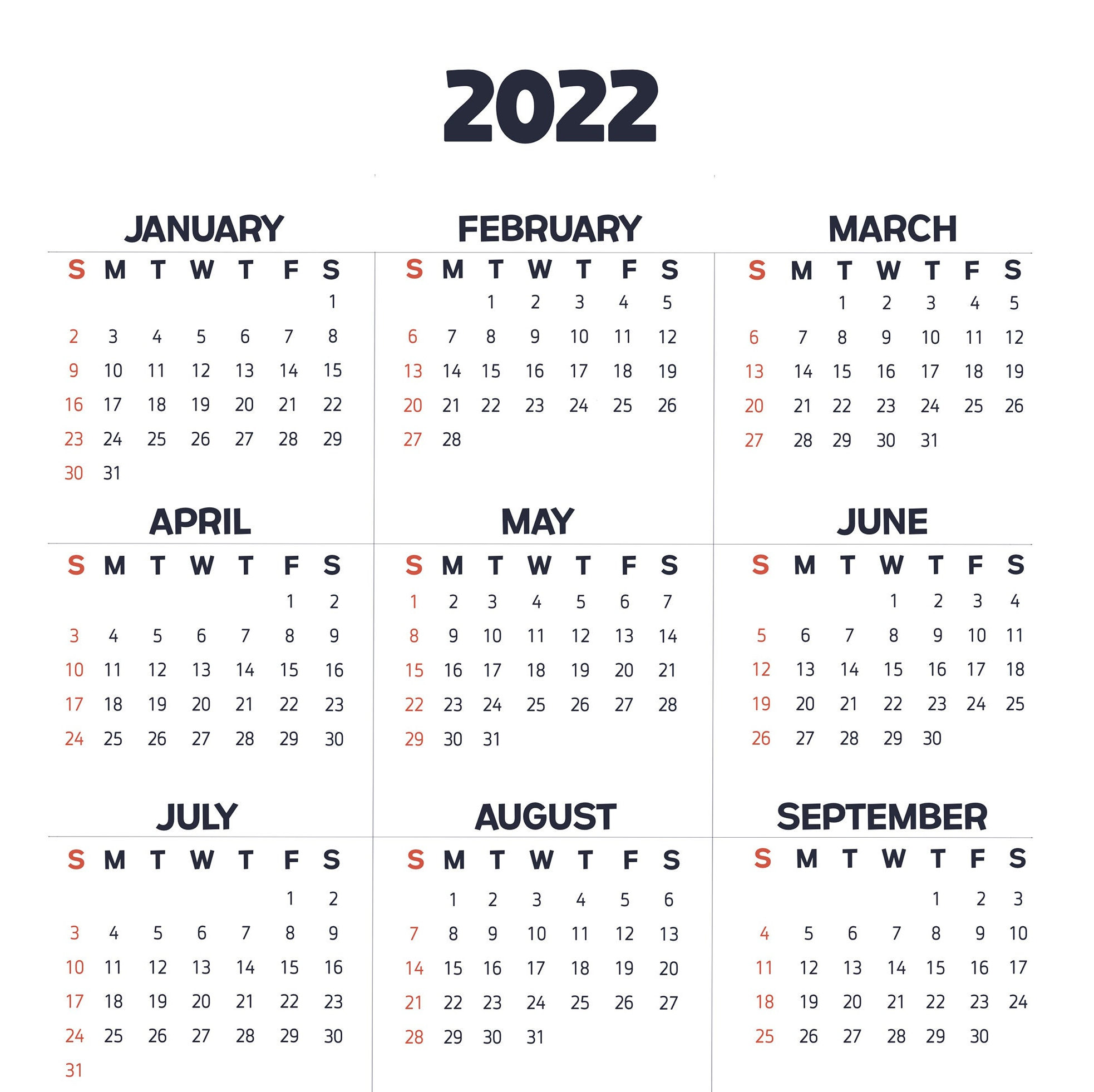 2022 Yearly Printable Calendar. Vertical Yearly Calendar 2022. 8.5x11 ...