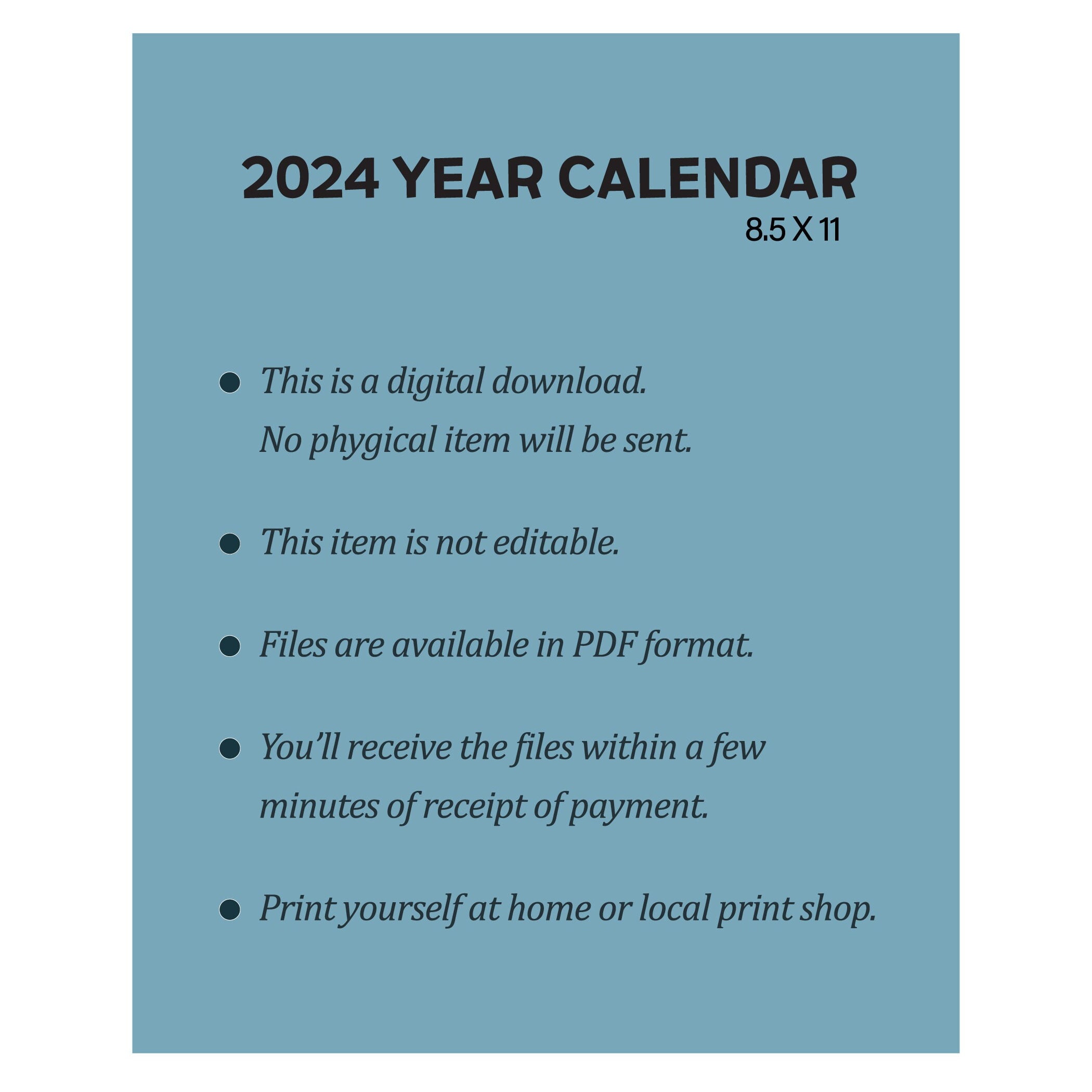 2024 Yearly Printable Calendar. Vertical Yearly Calendar 2024. 8.5x11 ...