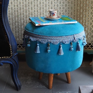Turkish Turquoise Velvet Fabric Decorative Pouffe and 2 FREE 45*45 ...