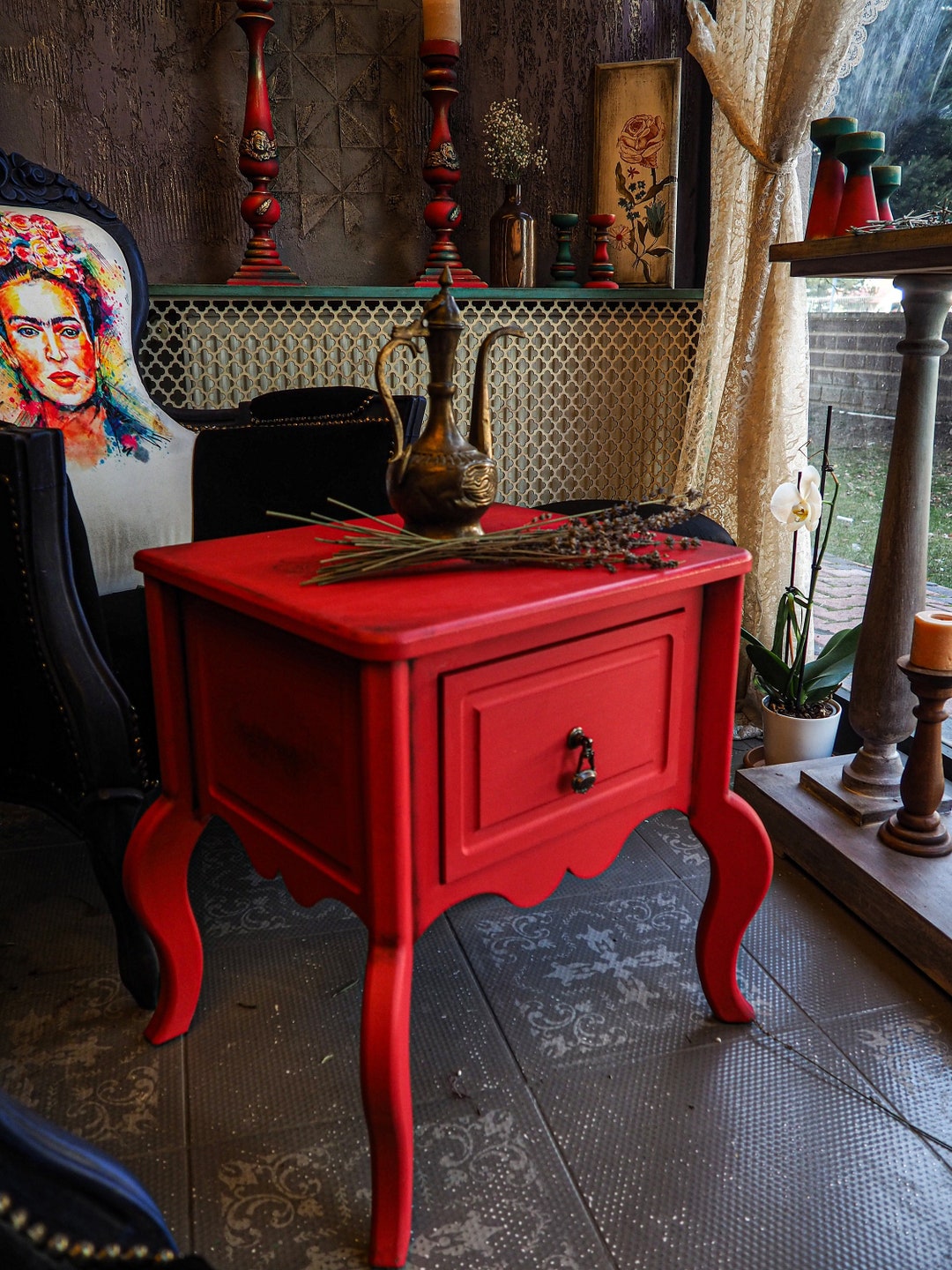 Bed Side Table With One Drawer -vintage Style - Red Colour - Side Table ...