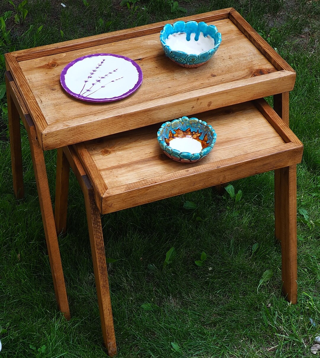 Set of 2 Side Table Made of Pine Wood - Natural Colour - Coffee Table ...
