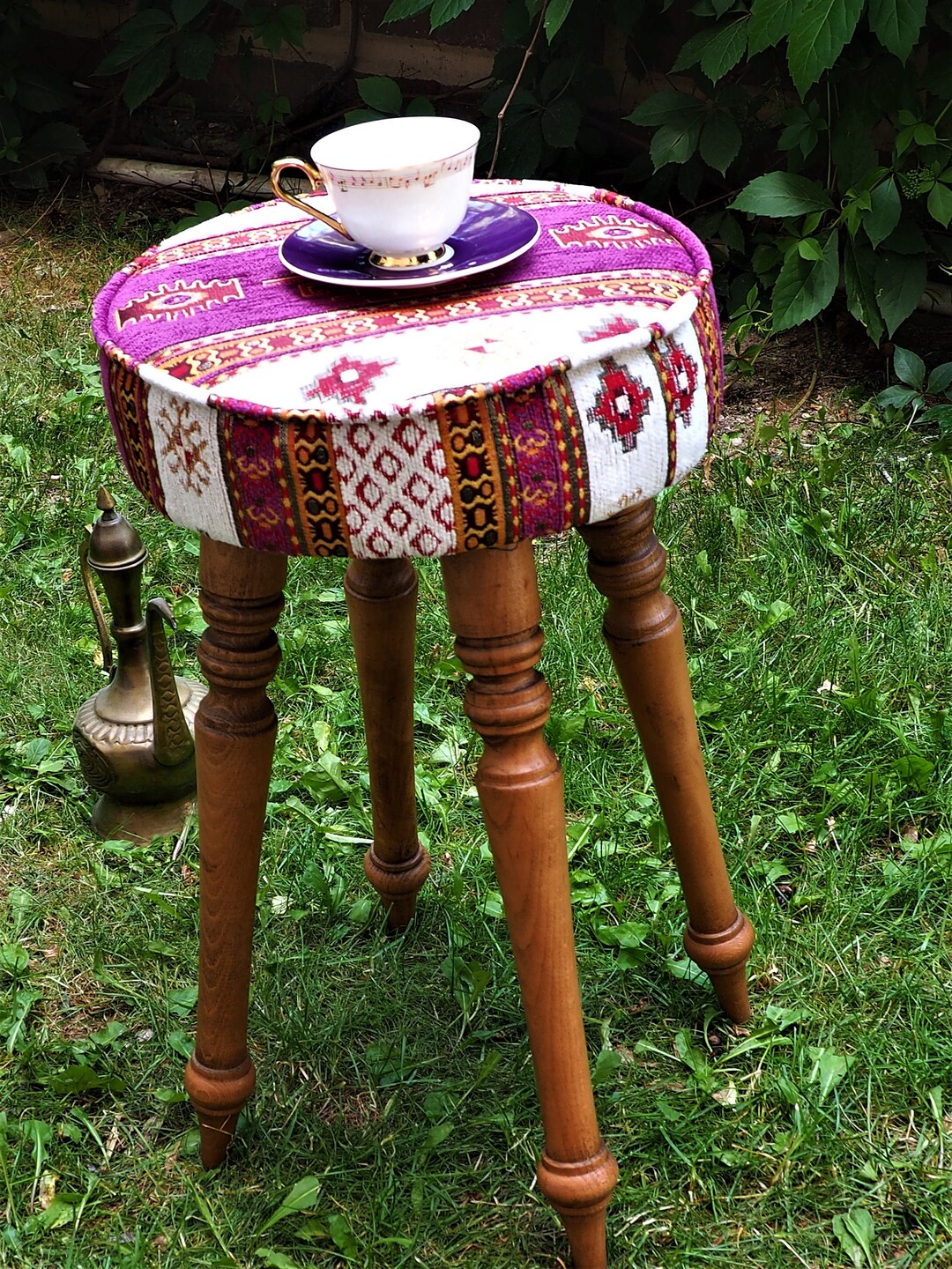 Turkish Kilim Patterned Wooden Leg Decorative Pouffe and 45*45 ...
