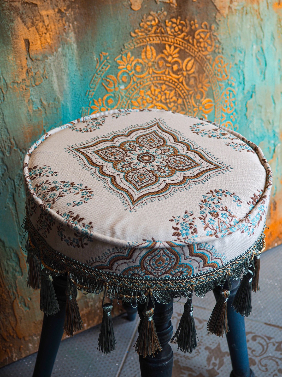Turkish Ethnic Patterned Wooden Decorative Pouffe-ottoman Chair-turkish ...