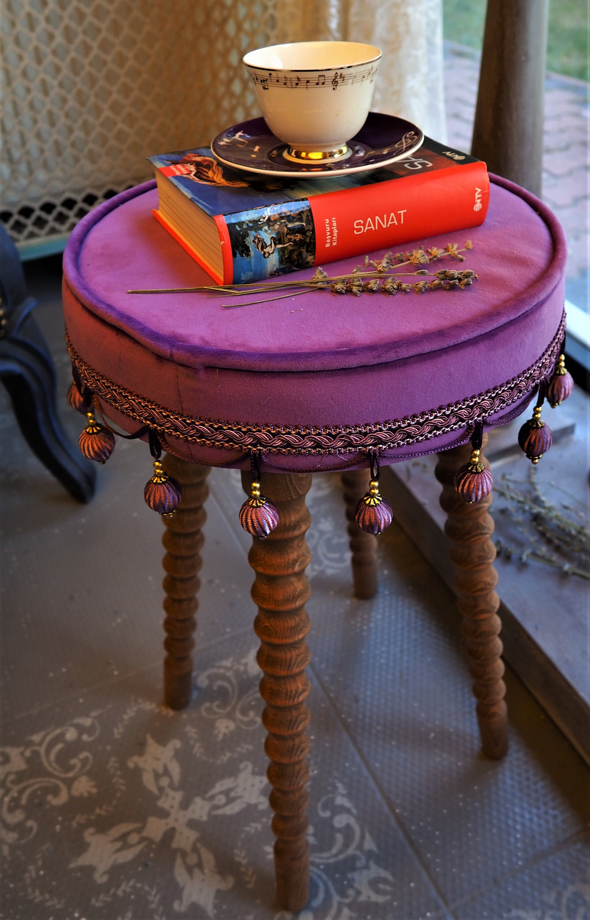 Turkish Purple Velvet Fabric Wooden Leg Decorative Pouffe and - Etsy