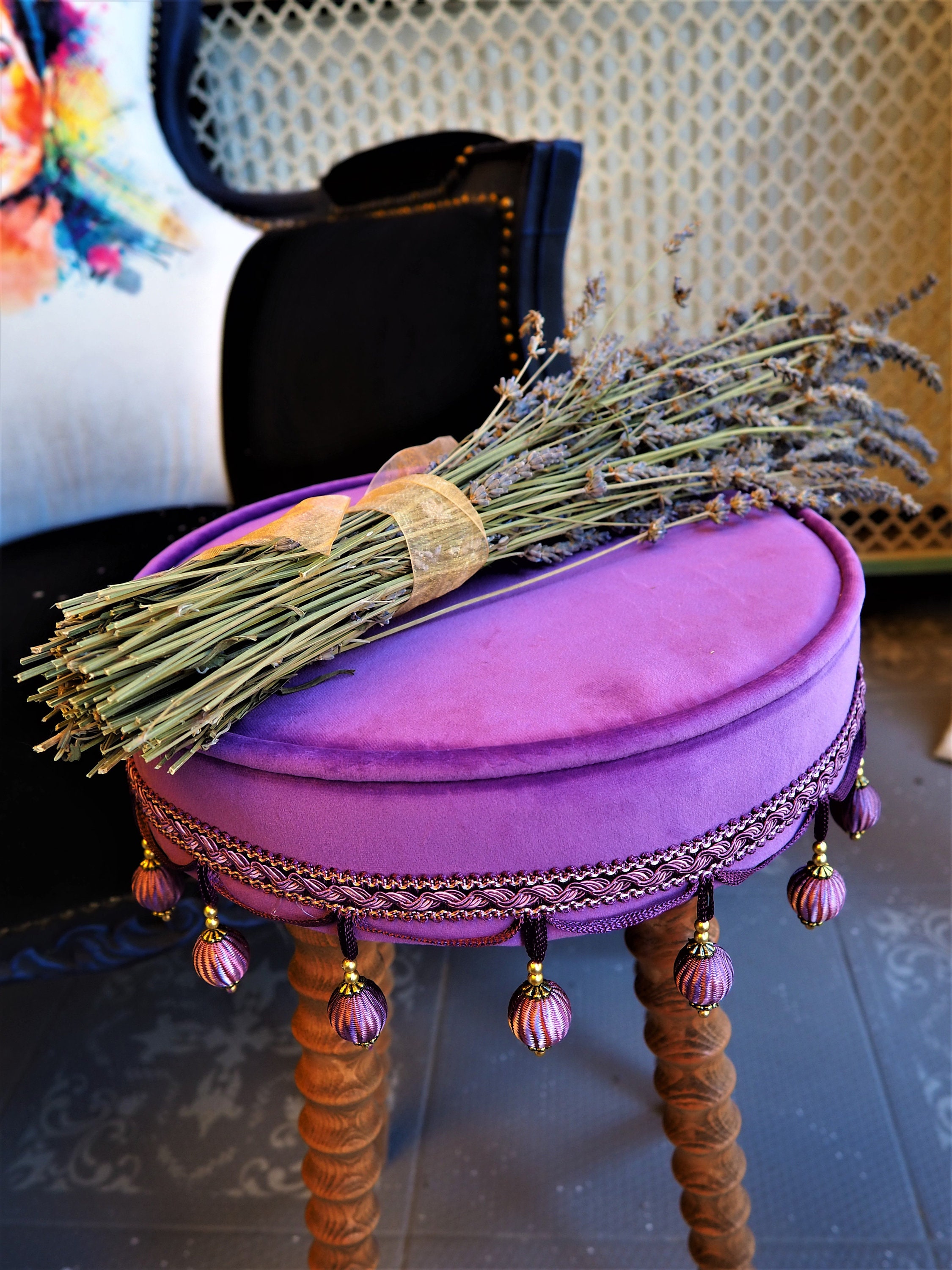 Turkish Purple Velvet Fabric Wooden Leg Decorative Pouffe and - Etsy