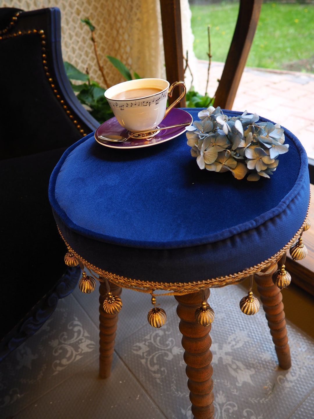 Turkish Blue Velvet Fabric Wooden Leg Decorative Pouffe-ottoman Chair ...