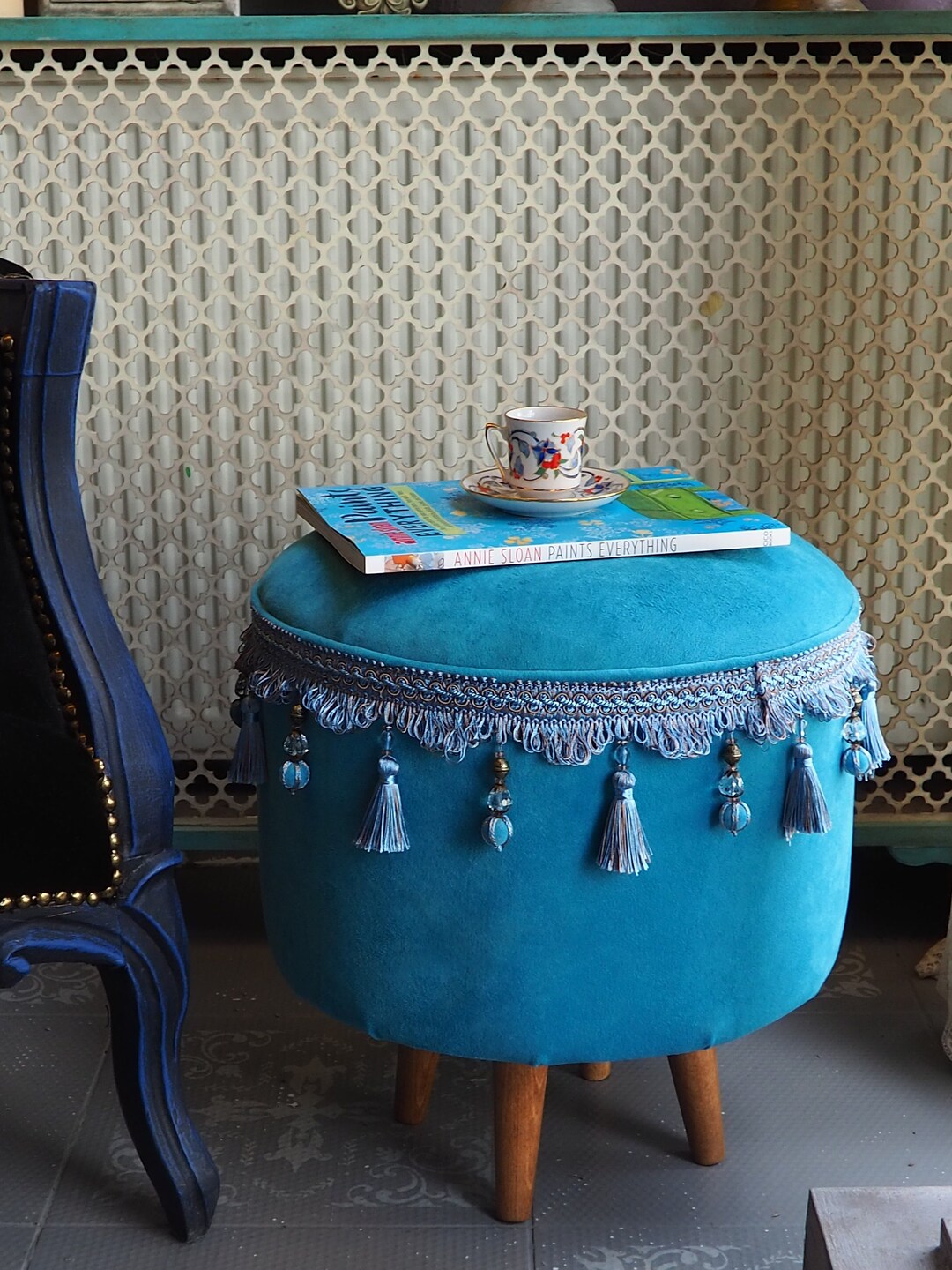 Turkish Turquoise Velvet Fabric Decorative Pouffe and 2 FREE 45*45 ...