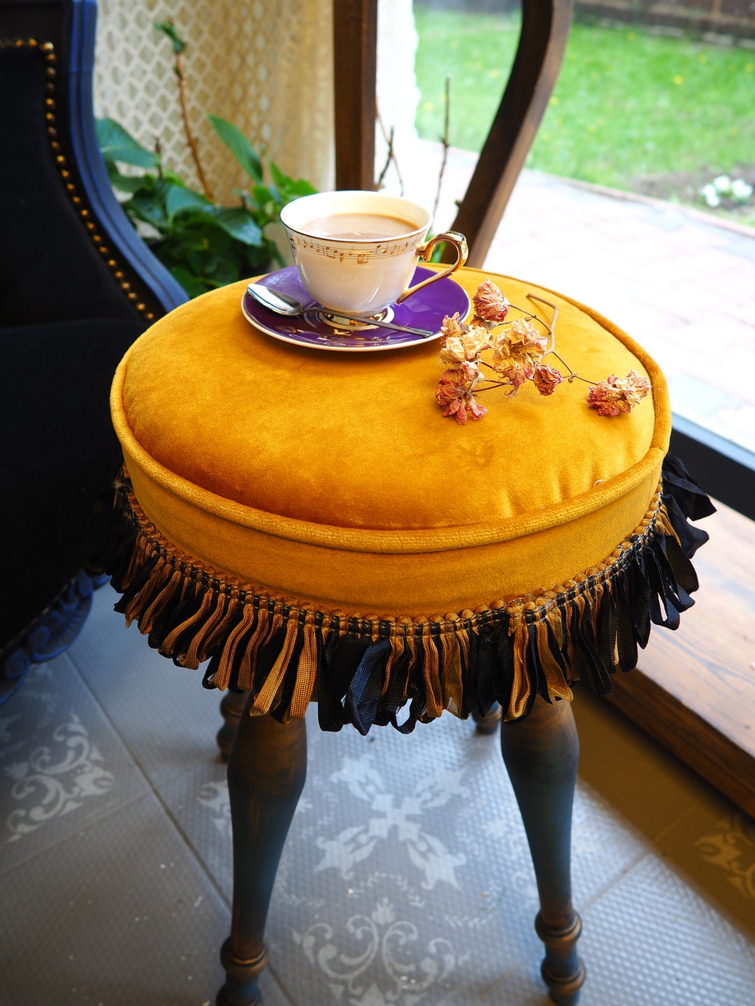Turkish Yellow Colour Velvet Fabric Wooden Leg Decorative Pouffe ...