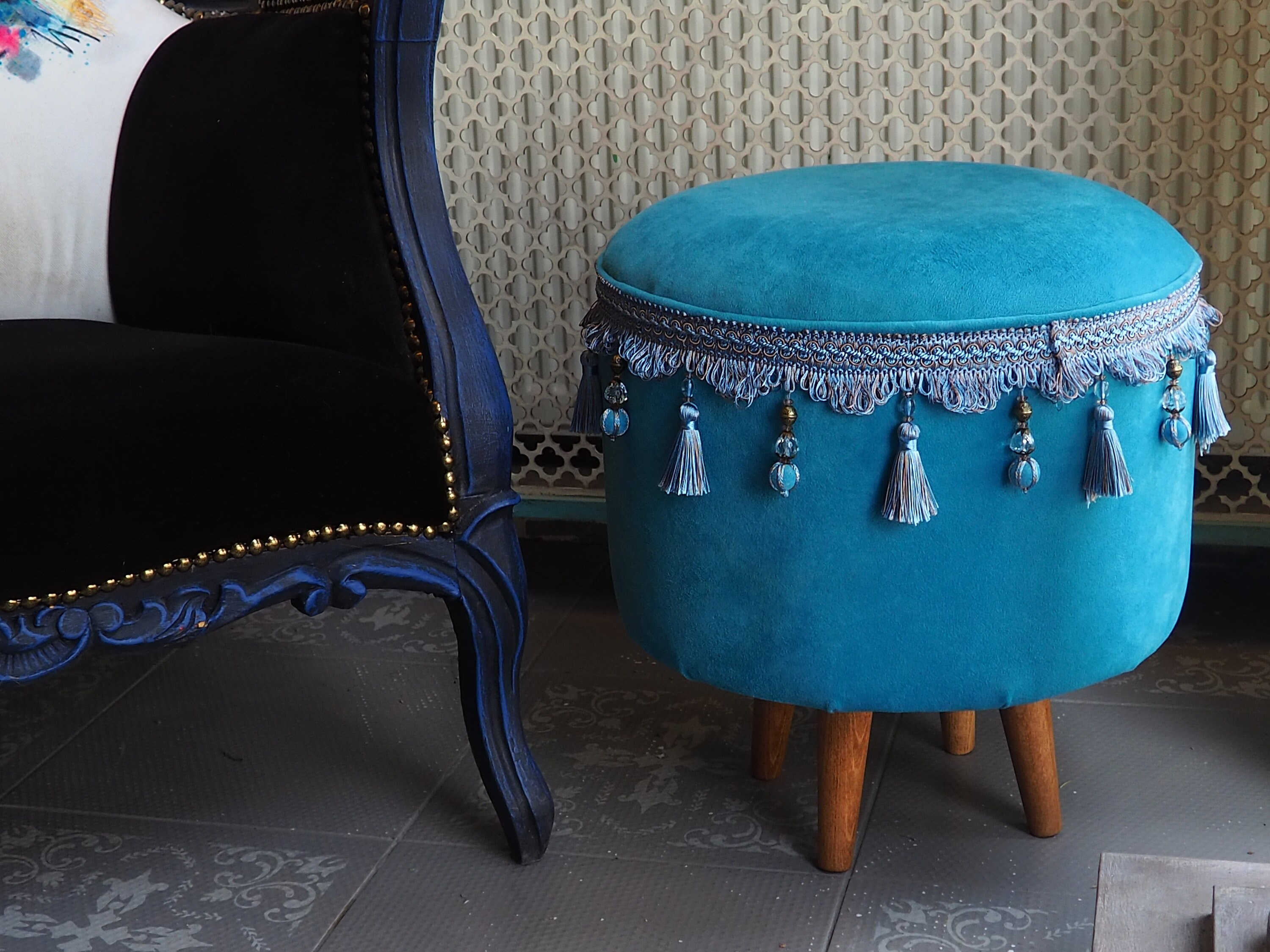 Turkish Turquoise Velvet Fabric Decorative Pouffe and 2 FREE 45*45 ...