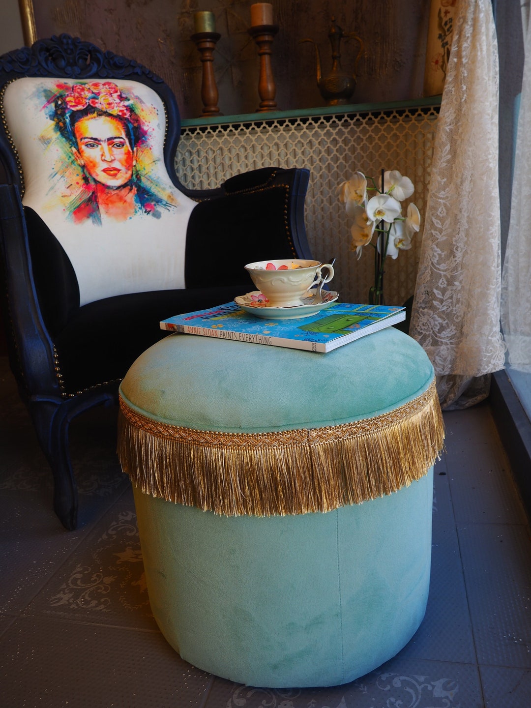 Turkish Turquoise Velvet Fabric Decorative Pouffe and 2 FREE 45*45 ...